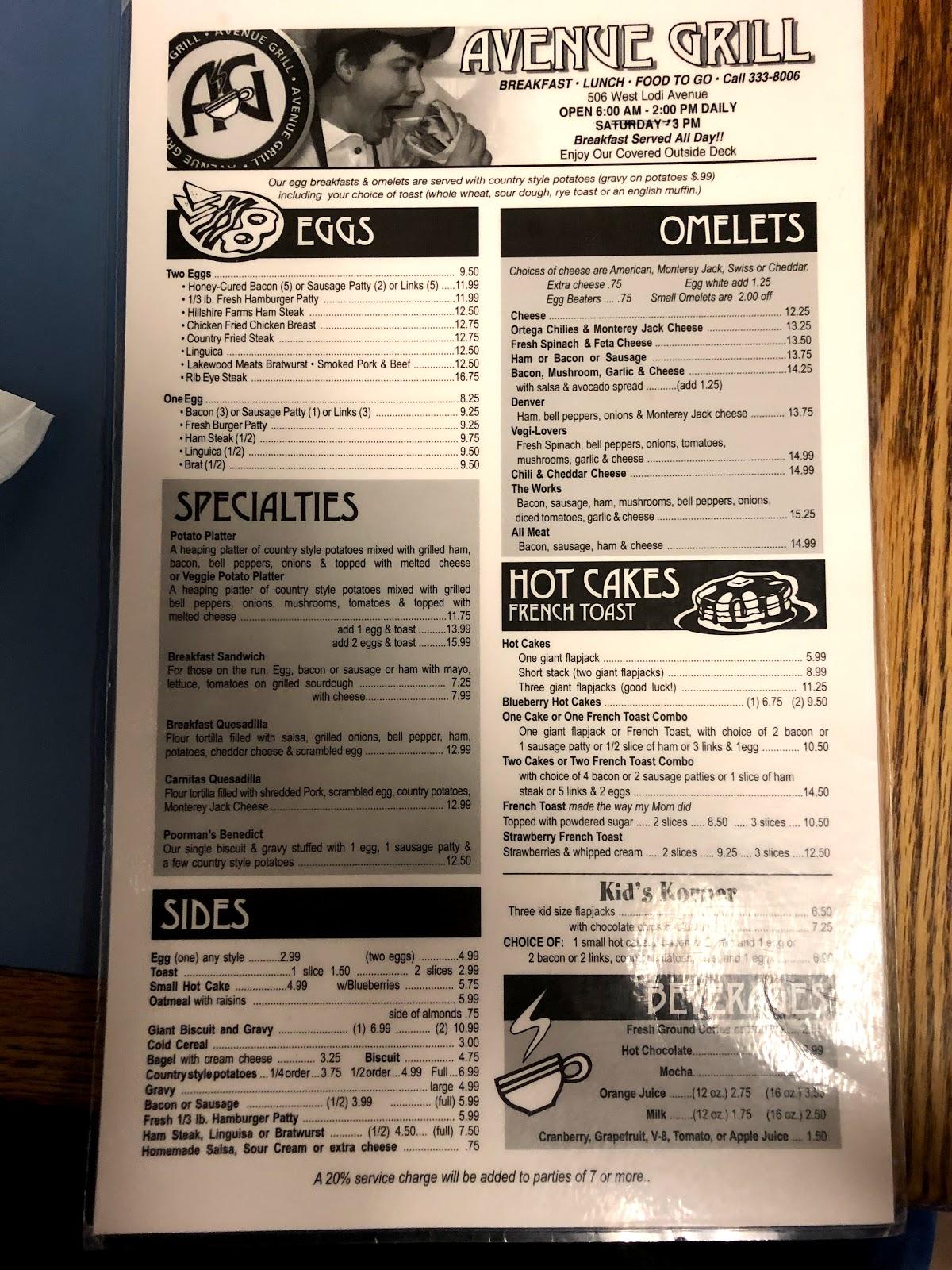 Menu at Avenue Grill restaurant, Lodi