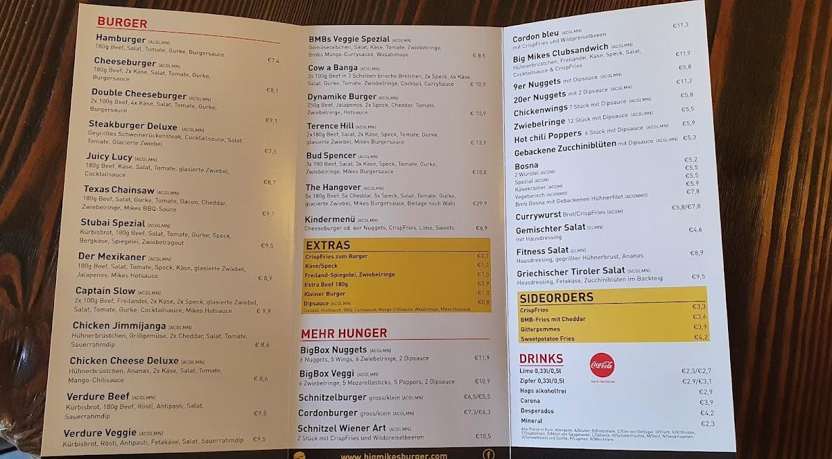 Speisekarte von Big Mike´s Burger restaurant, Neustift im Stubaital