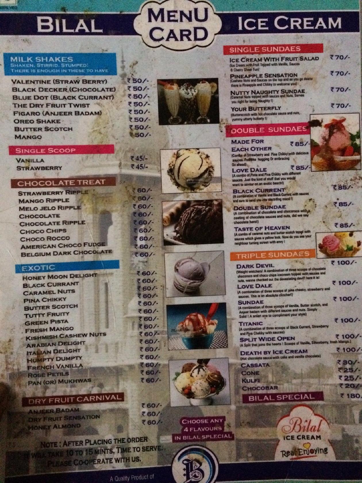 Menu at Bilal Ice Cream, Hyderabad
