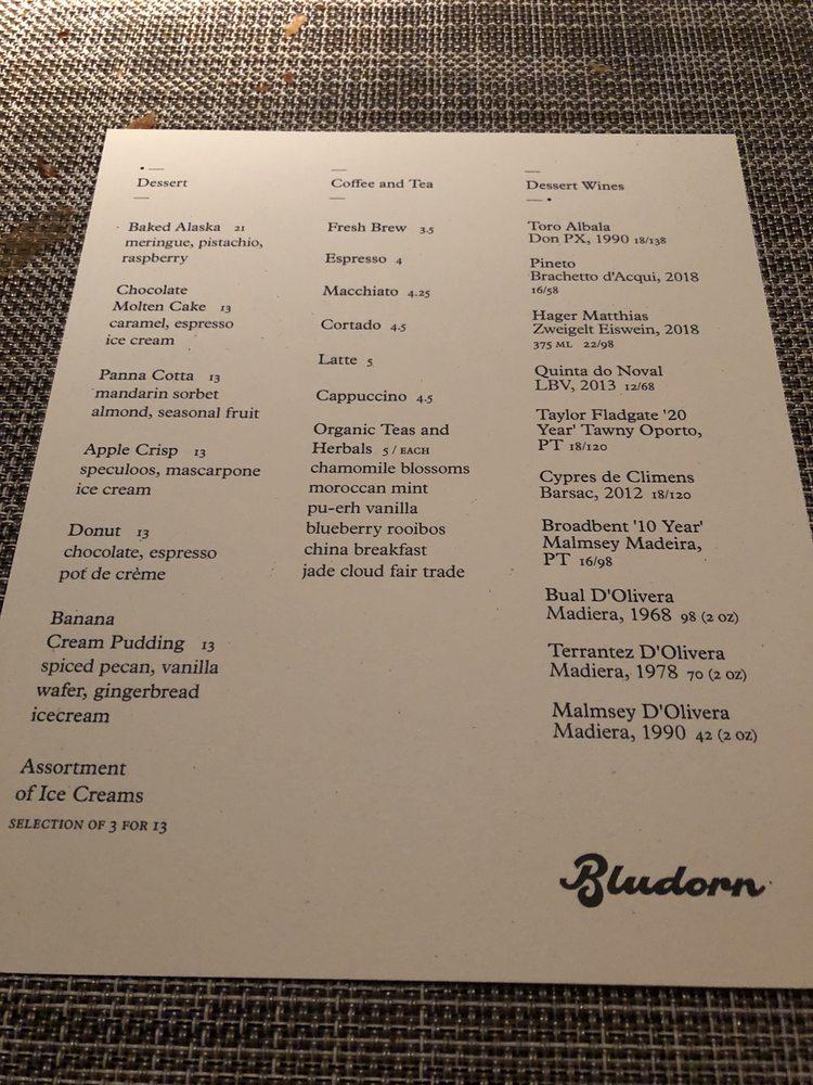 Menu at Bludorn restaurant, Houston