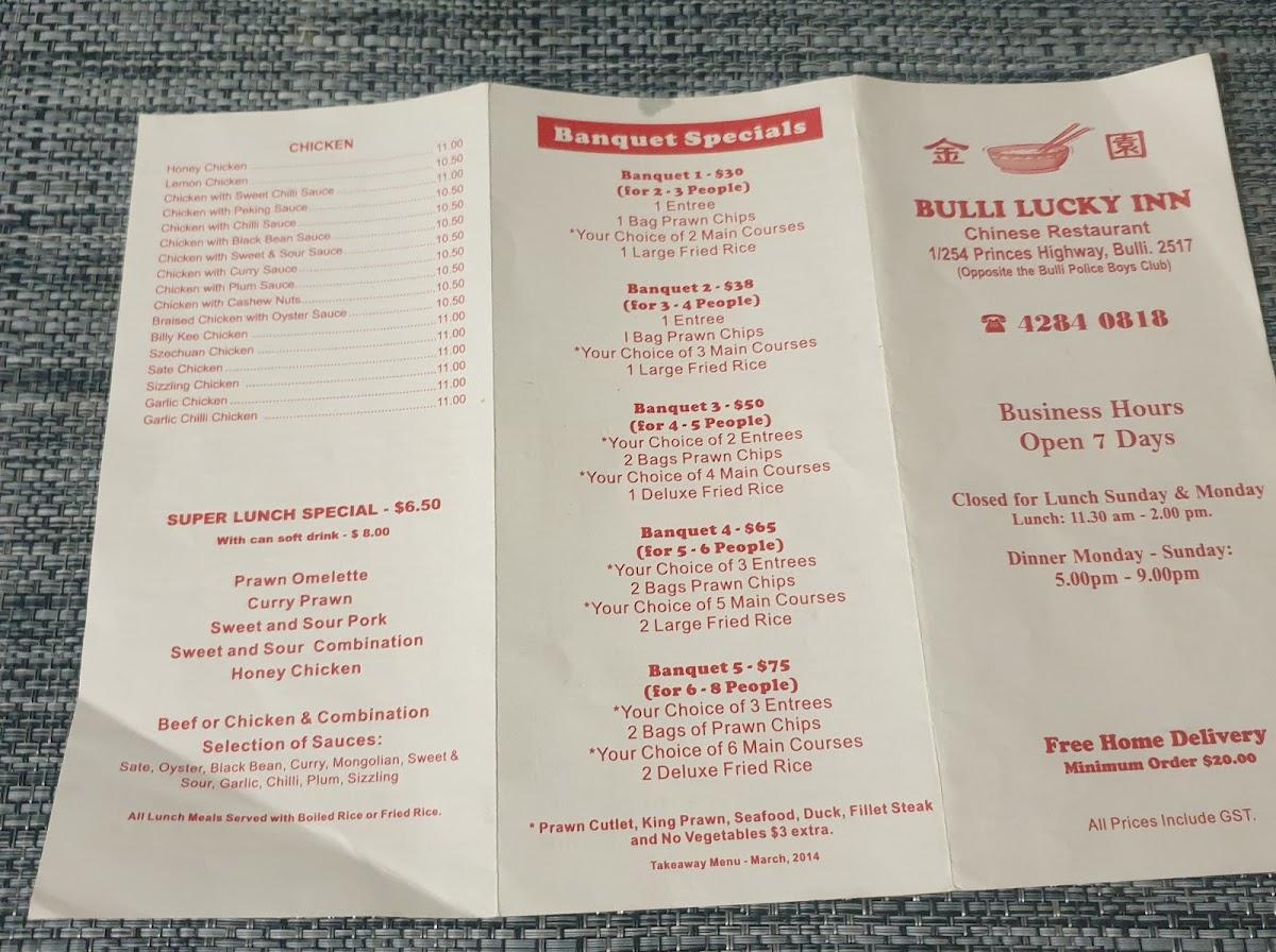 Menu at Bulli Lucky Inn Chinese Restaurant, Bulli