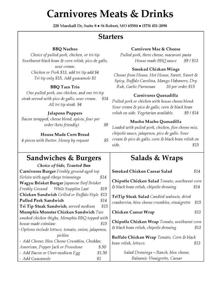 Menu at Carnivores Meats & Drinks steakhouse, Saint Robert
