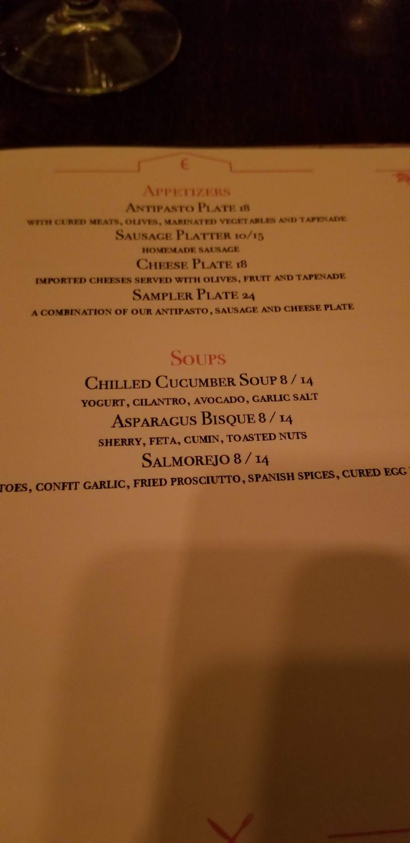 Menu at Ecco on Overton Park restaurant, Memphis