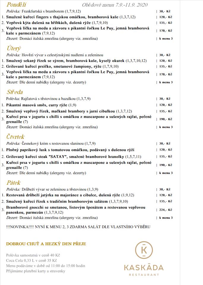 Menu at KASKÁDA restaurant, Ostrava, Jantarová 3344/4