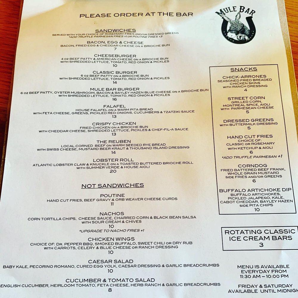 Menu at Mule Bar, Winooski