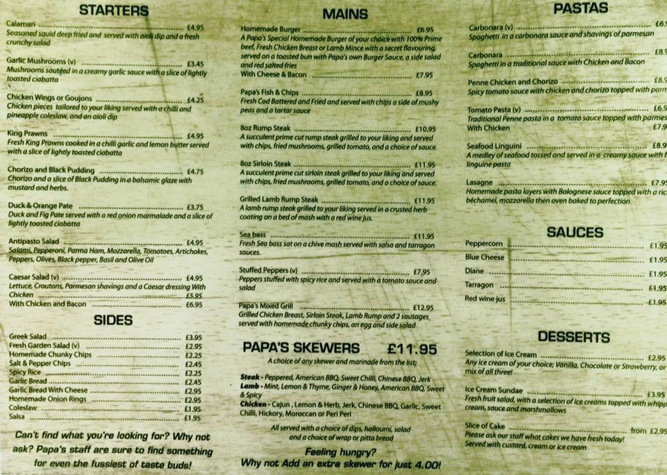 Menu at Papa's Cafe Bistro, Liverpool