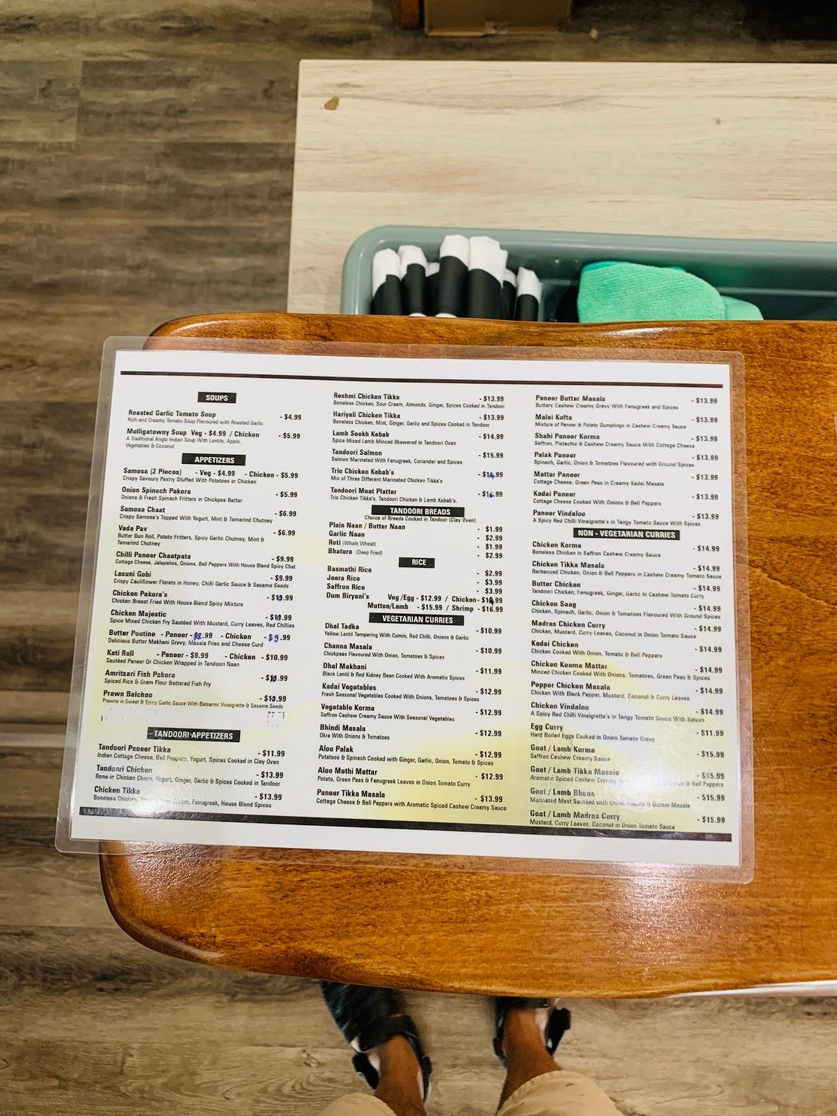 Menu at Urban Parathas restaurant, Regina