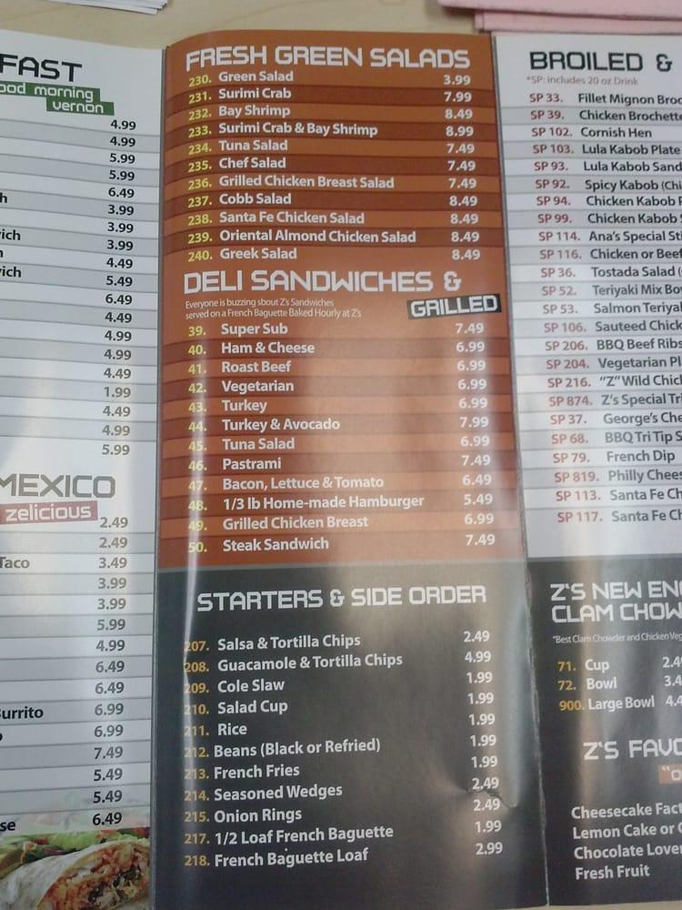 Menu at Z's Place restaurant, Vernon