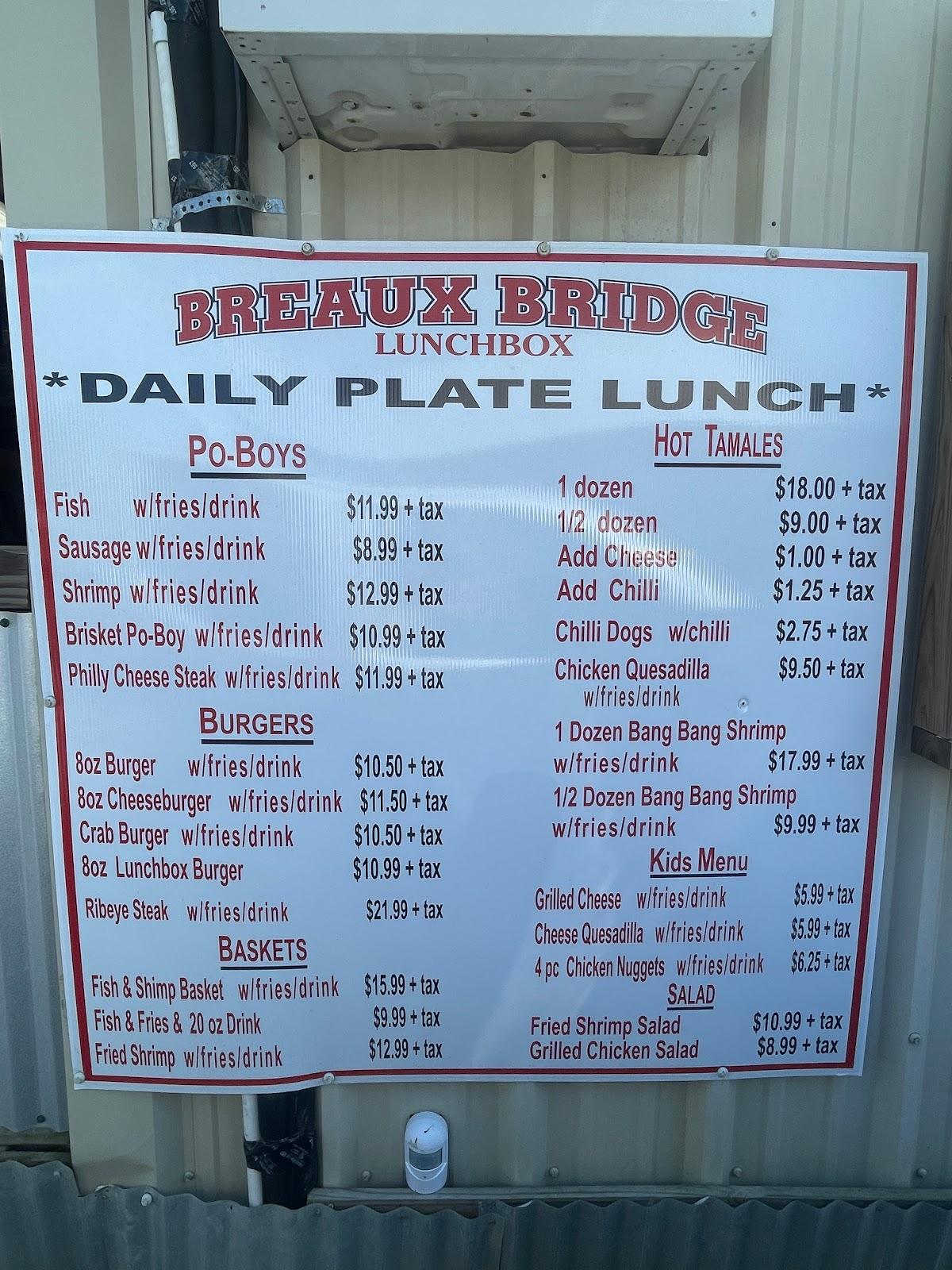 Menu at Breaux Bridge Lunch Box restaurant, Breaux Bridge