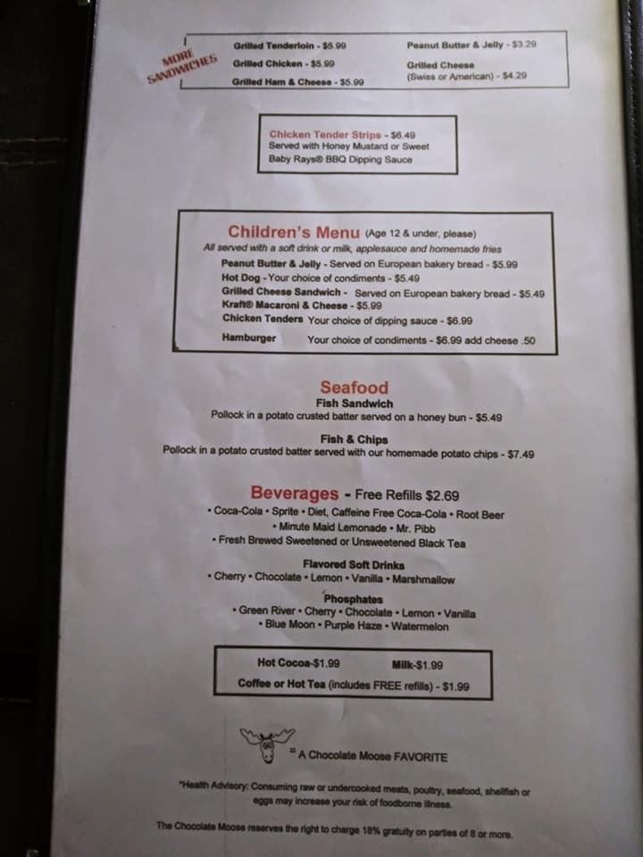 Menu at The Chocolate Moose desserts, Farmland
