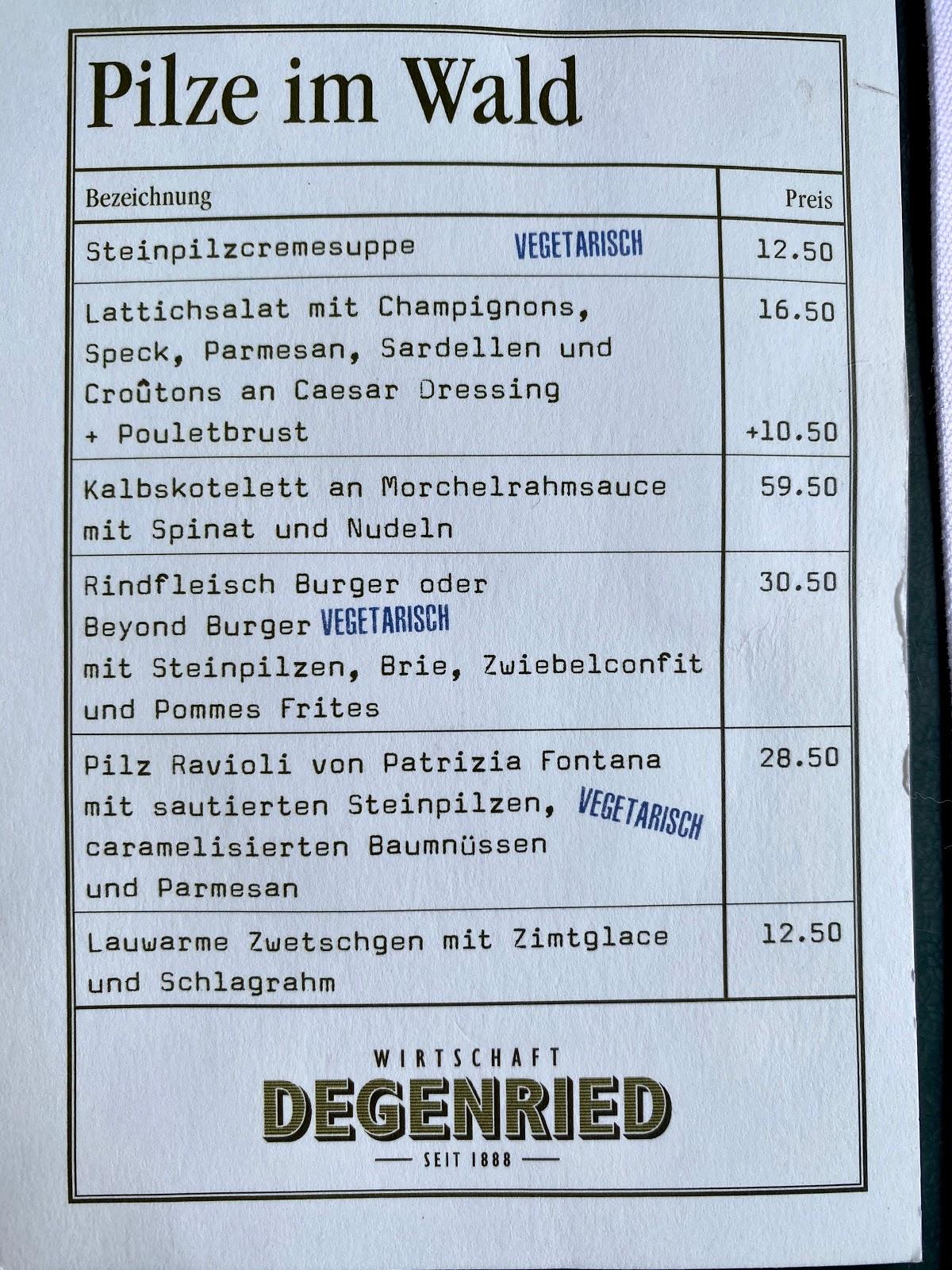 Menu at Degenried, Zürich