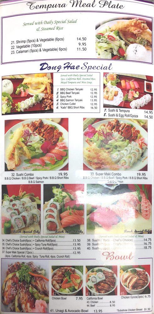 Menu at Dong Hae Sushi restaurant, Lompoc