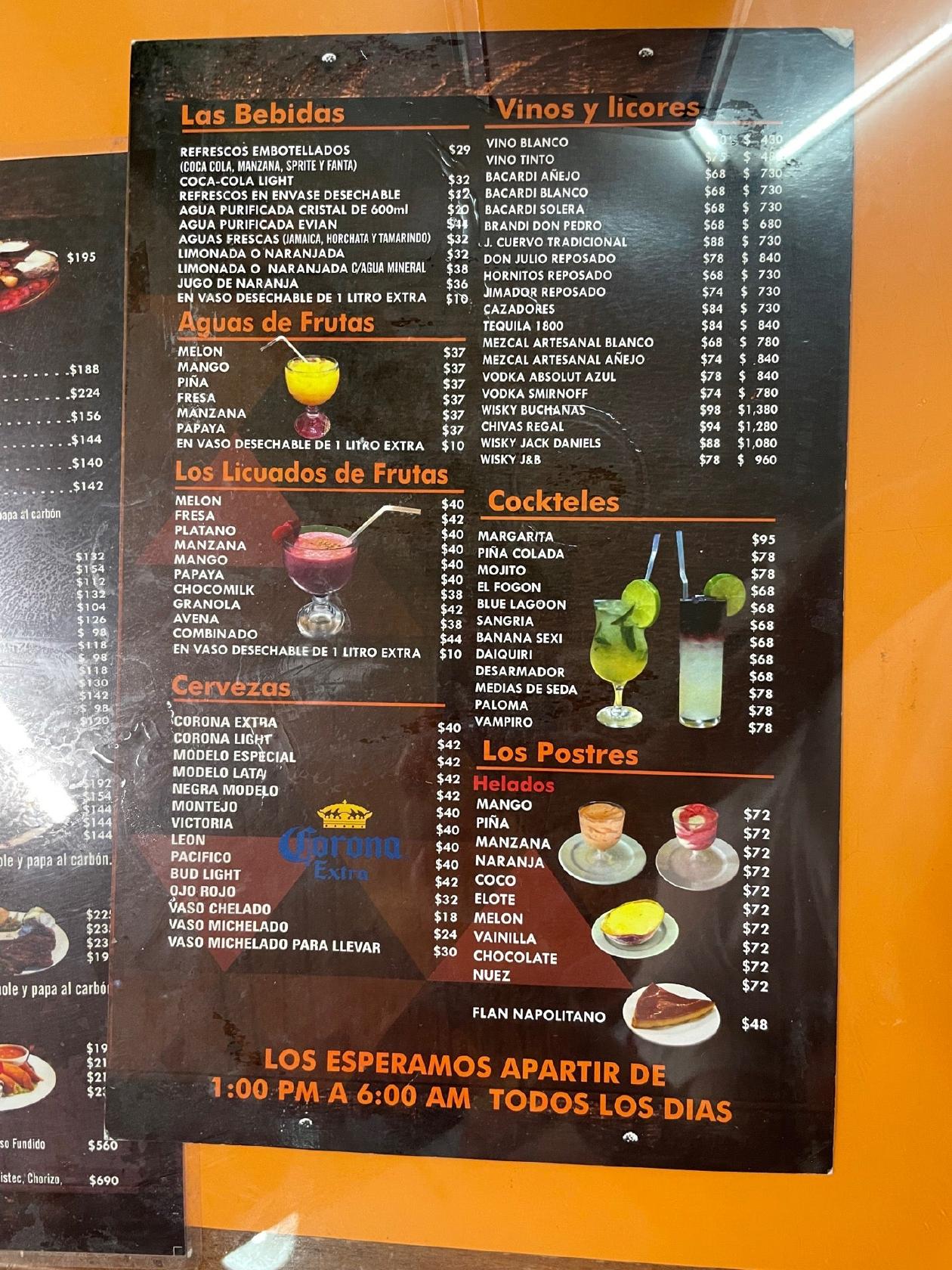 Menu at El Fogón restaurant, Playa del Carmen, Av. Constituyentes