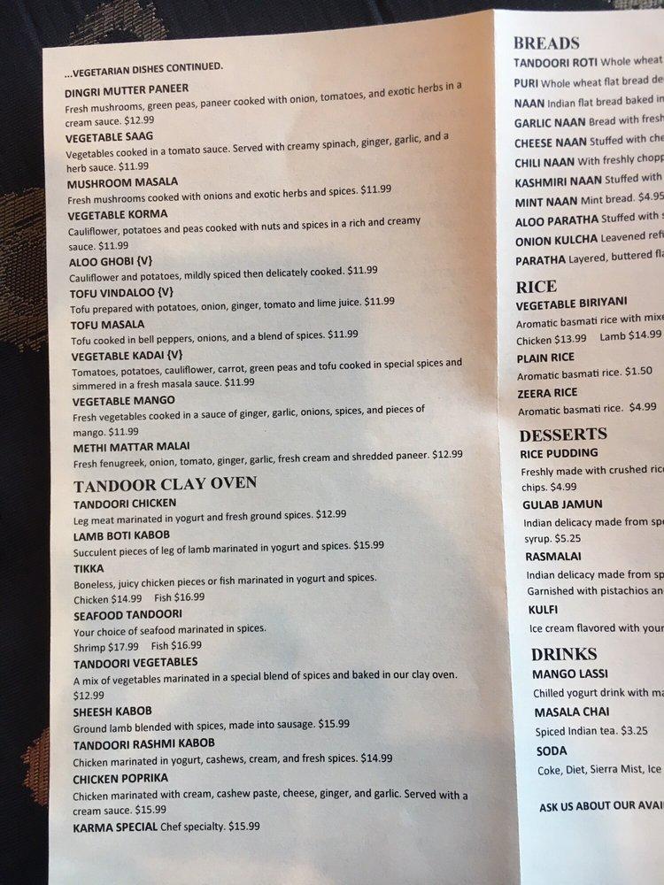 Menu at Karma Indian Cuisine restaurant, Moscow