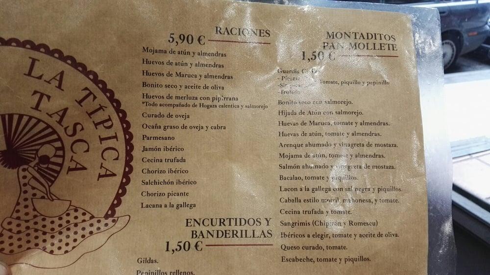 Menu at La Típica Tasca restaurant, Zaragoza, C. San Antonio María Claret