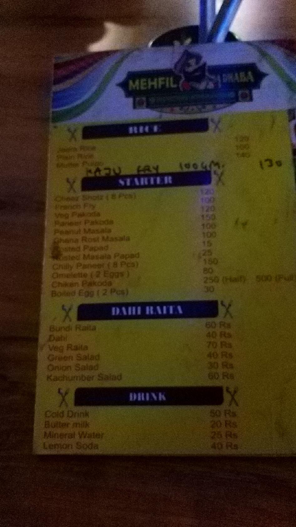 Menu at Mehfil Bar & Restro, Bhilwara