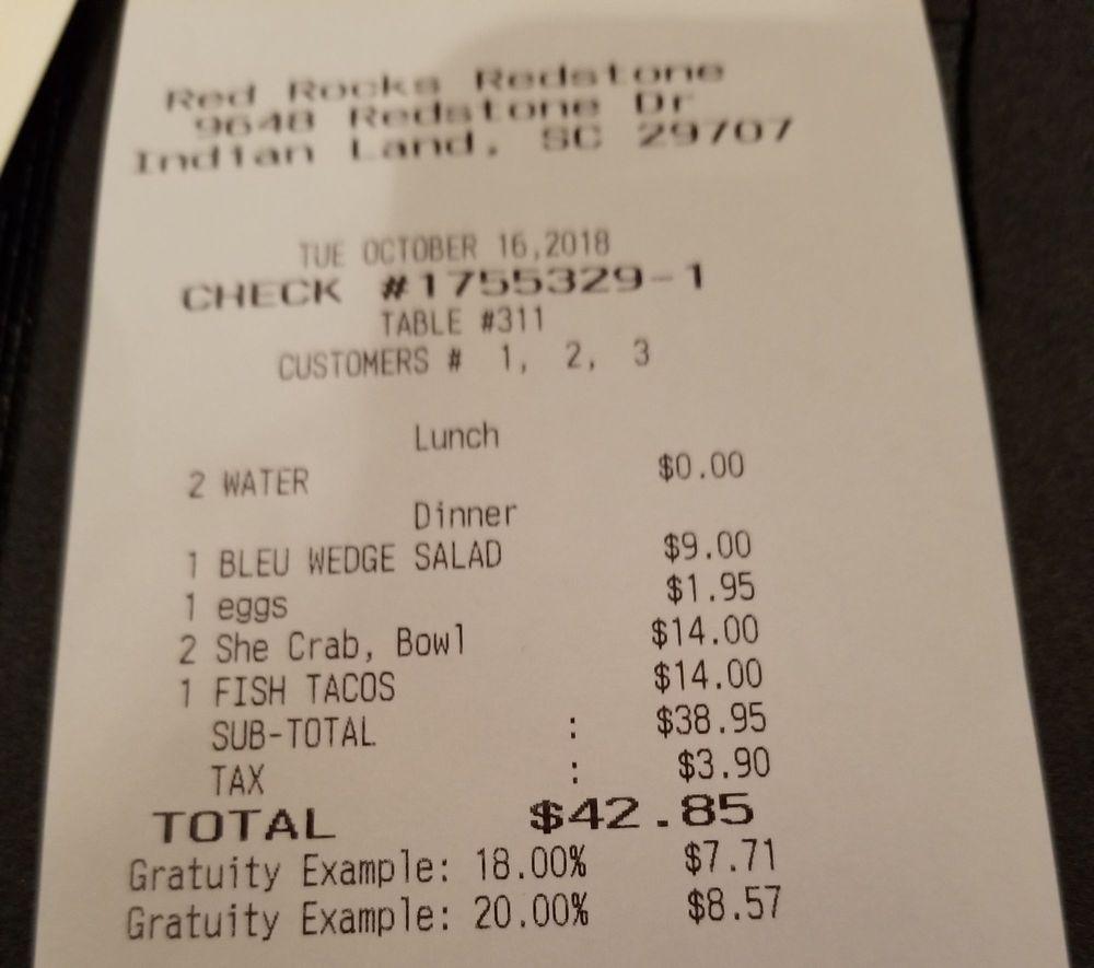 Menu at Red Rocks Cafe: Red Stone, Indian Land