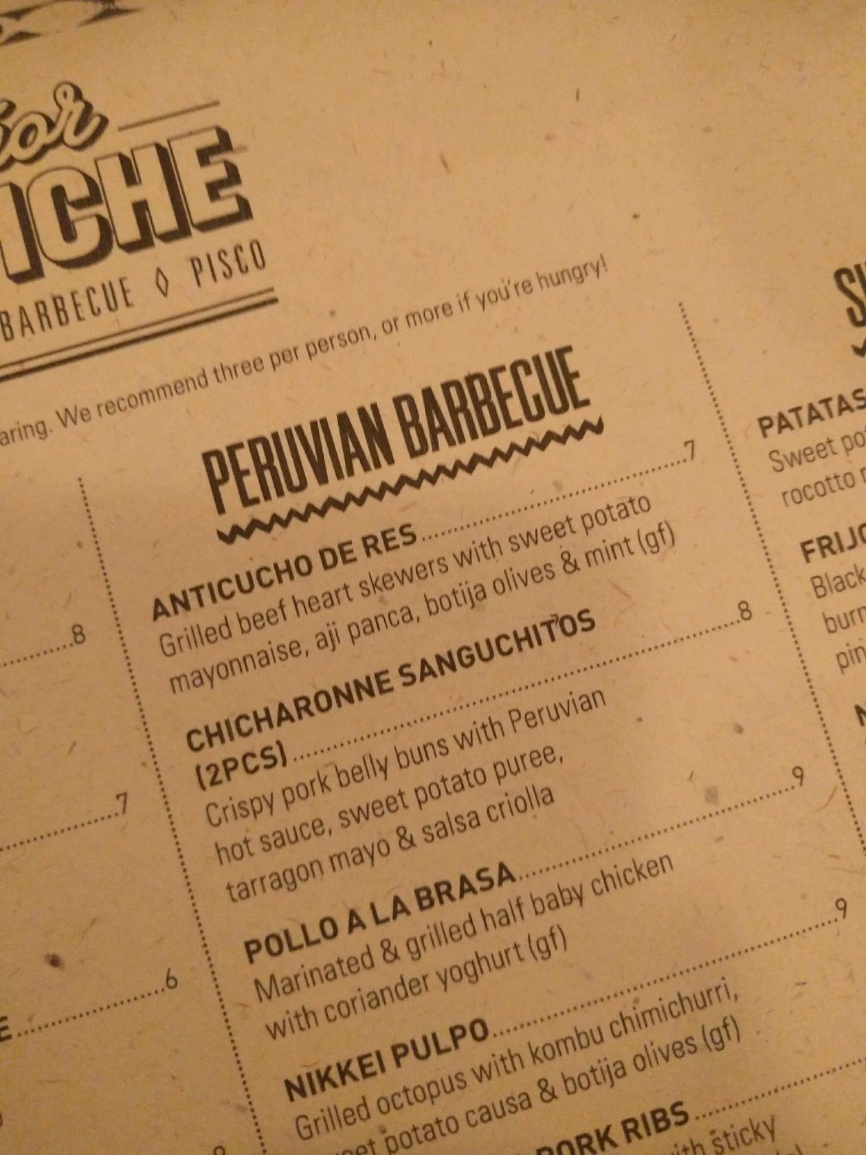 Menu at Señor Ceviche Peruvian Restaurant Soho, London, Kingly Court