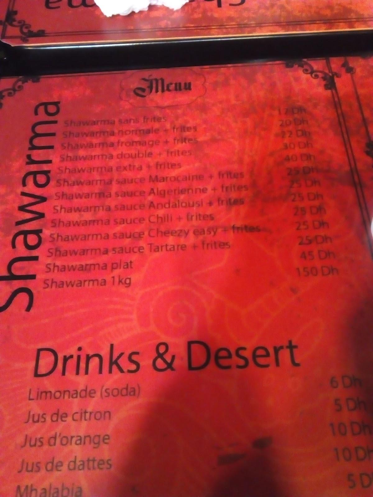 Menu au Shawarma Al Agha restaurant, Marrakech