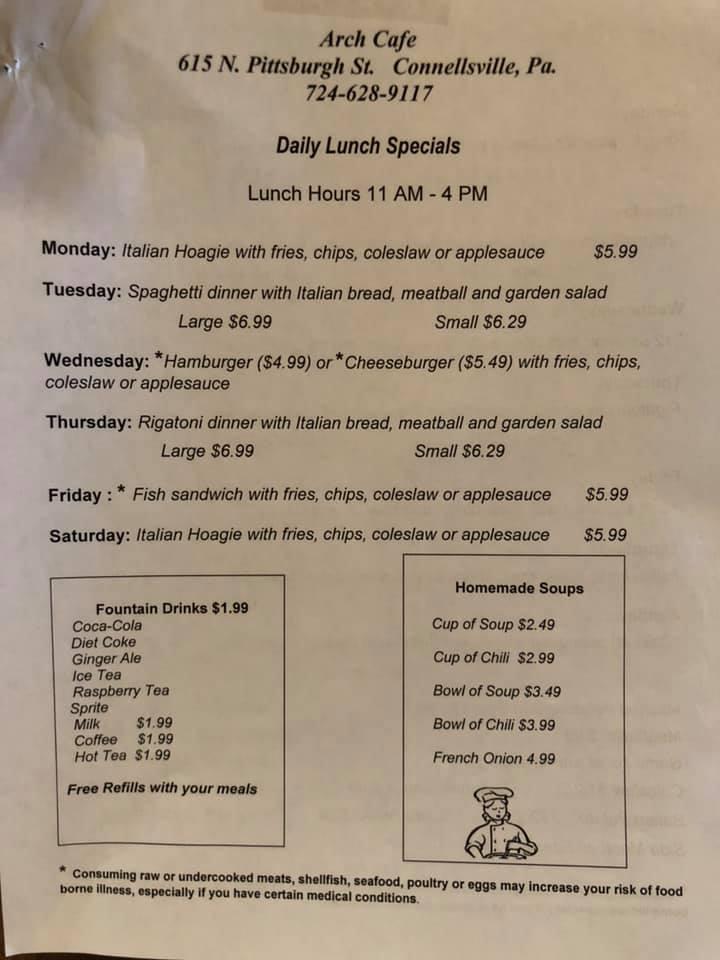 Menu at Arch Cafe, Connellsville