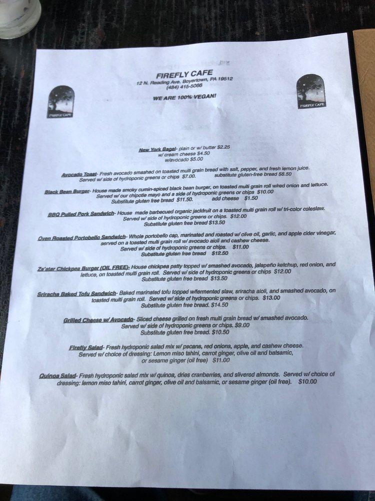Menu at Firefly Cafe and Outpost, Boyertown
