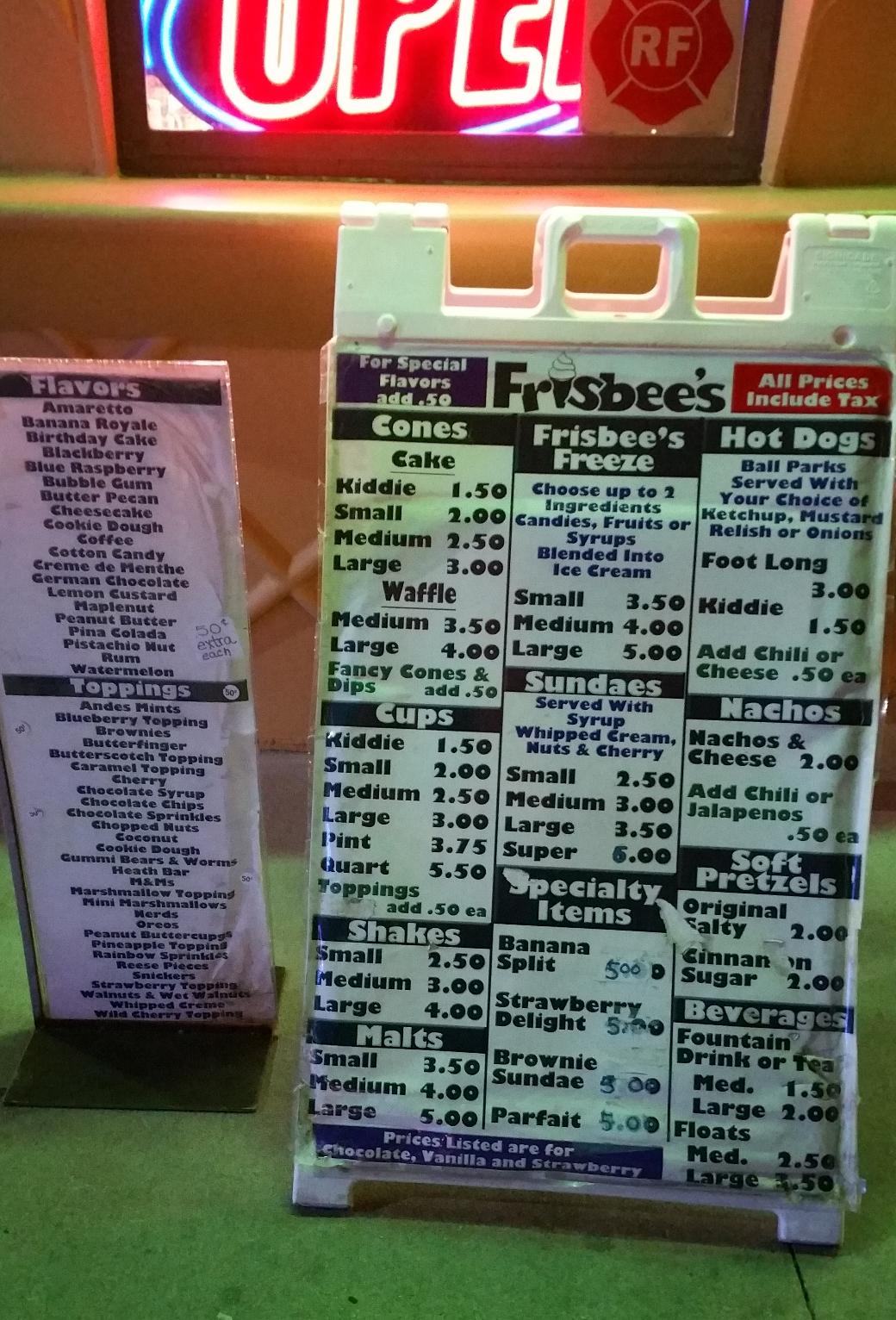 Menu at Frisbee's fast food, Mims
