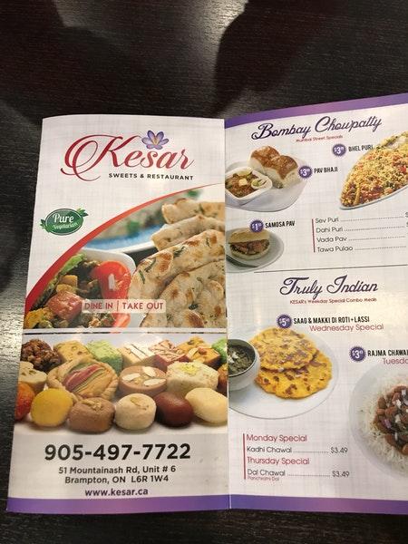 Menu at Kesar Sweets & Restaurant, Brampton