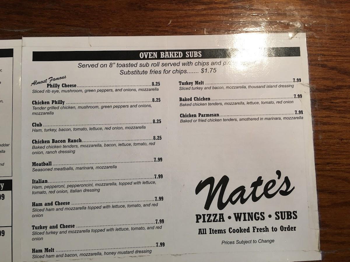 Menu at Nate's pizzeria, Tigerville