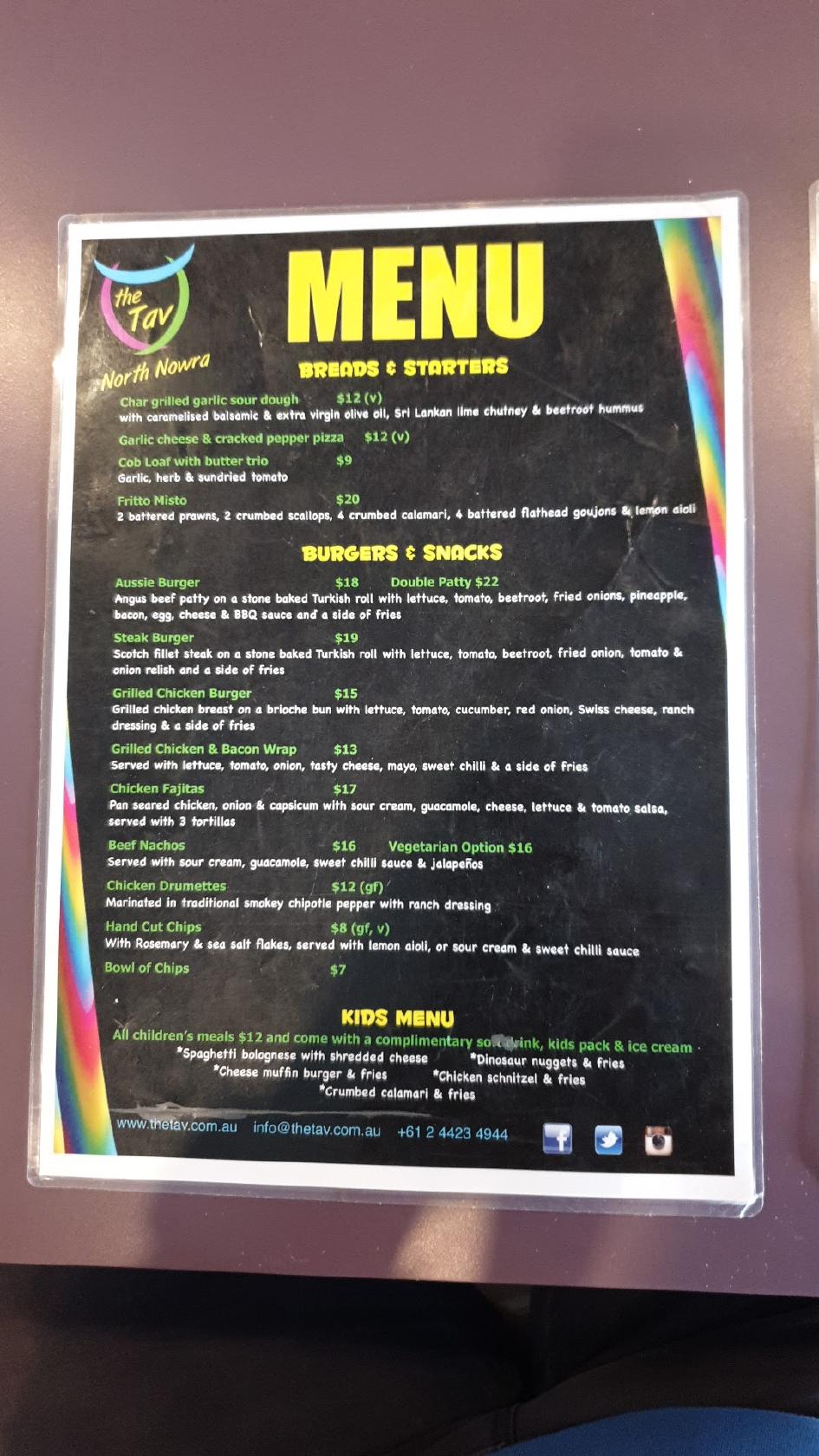 Menu at North Nowra Tavern pub & bar, North Nowra, 82 Page Ave