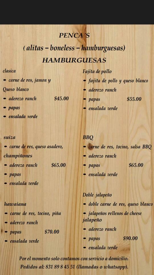 Carta del restaurante Penca's alitas, boneless & hamburguesas, Ciudad Mante