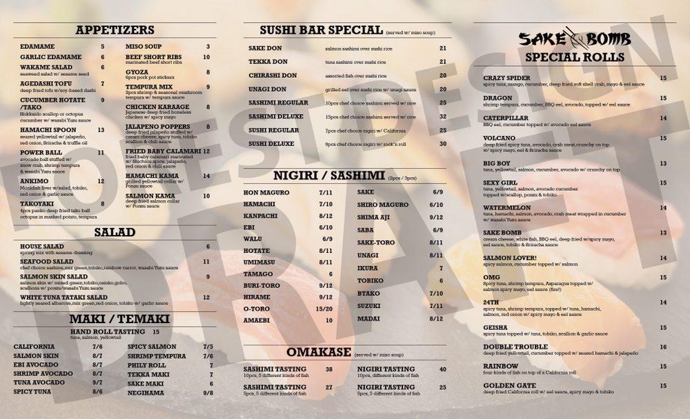 Menu at Sake Bomb restaurant, San Francisco