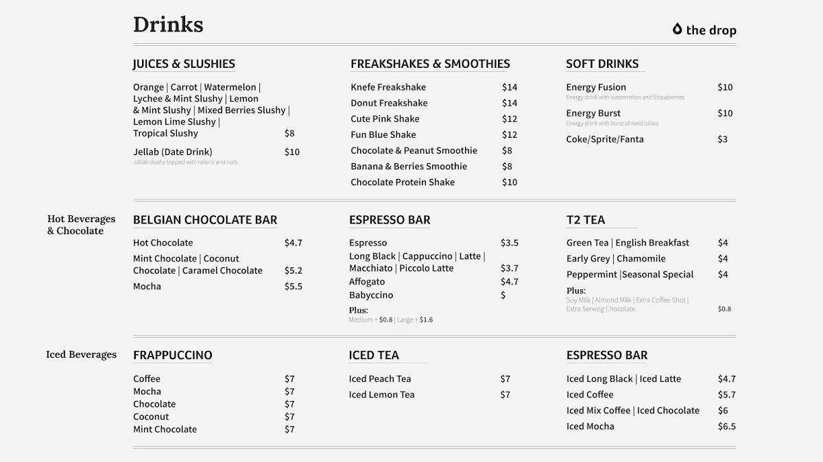 Menu at The Drop Cafe, Liverpool