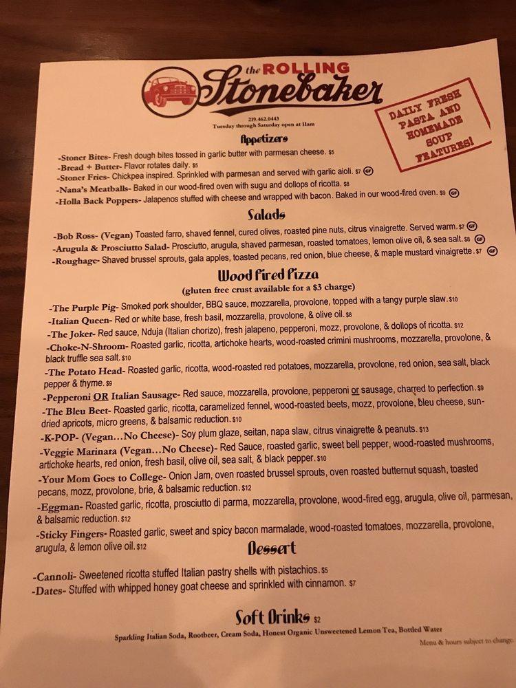 Menu at The Rolling Stonebaker pizzeria, Valparaiso