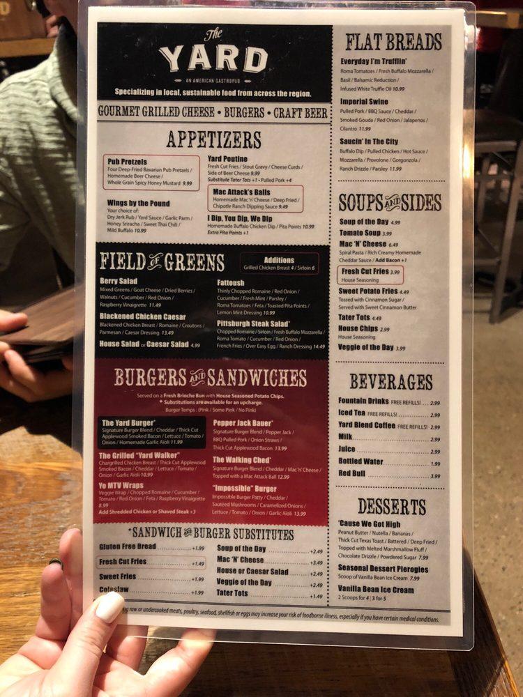 Menu at The Yard pub & bar, Robinson Township