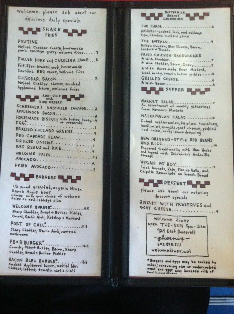 Menu at Welcome Diner restaurant, Phoenix, 929 E Pierce St