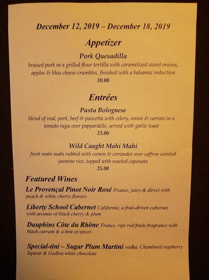 Menu at Yellow House Hotel restaurant, USA