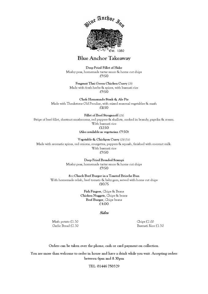 Menu at Blue Anchor Inn pub & bar, Saint Athan