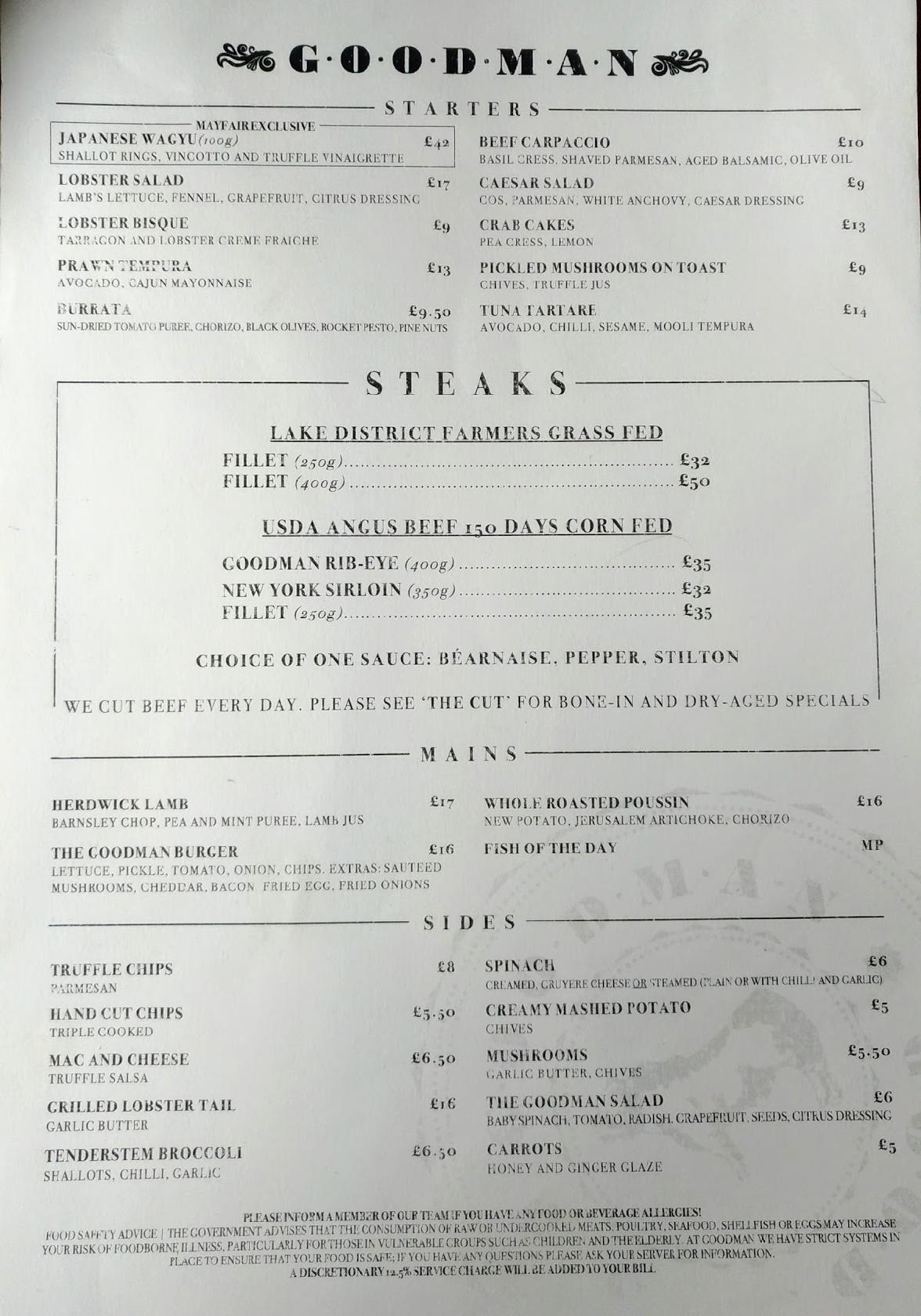 Carta de parrilla Goodman - Mayfair, Londres, 24-26 Maddox St