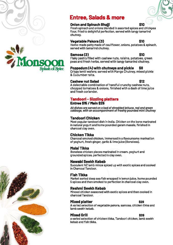 Menu at Monsoon Indian Cuisine, Taumarunui restaurant, Taumarunui