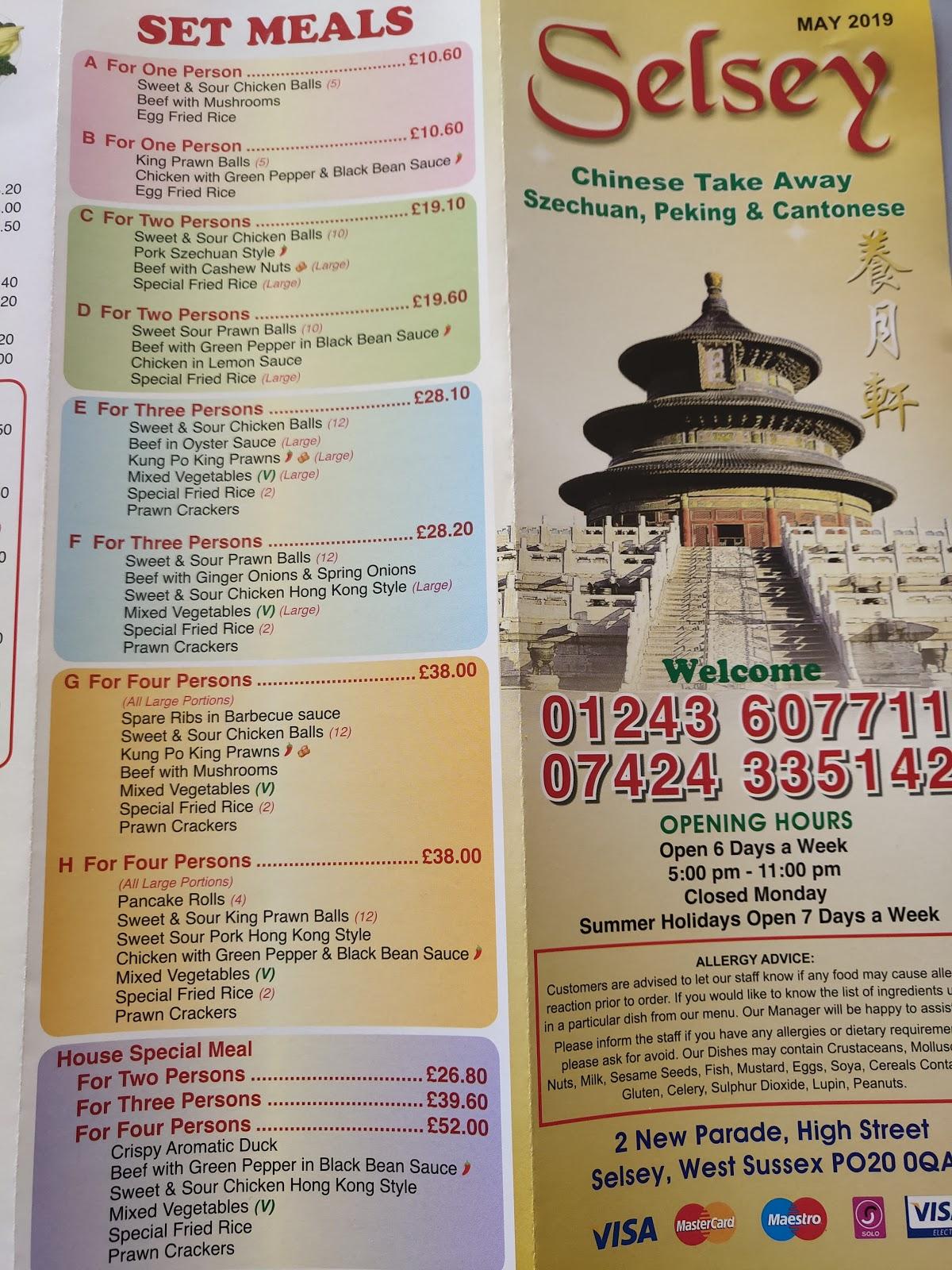 Menu at Selsey Chinese Take Away fast food, Selsey