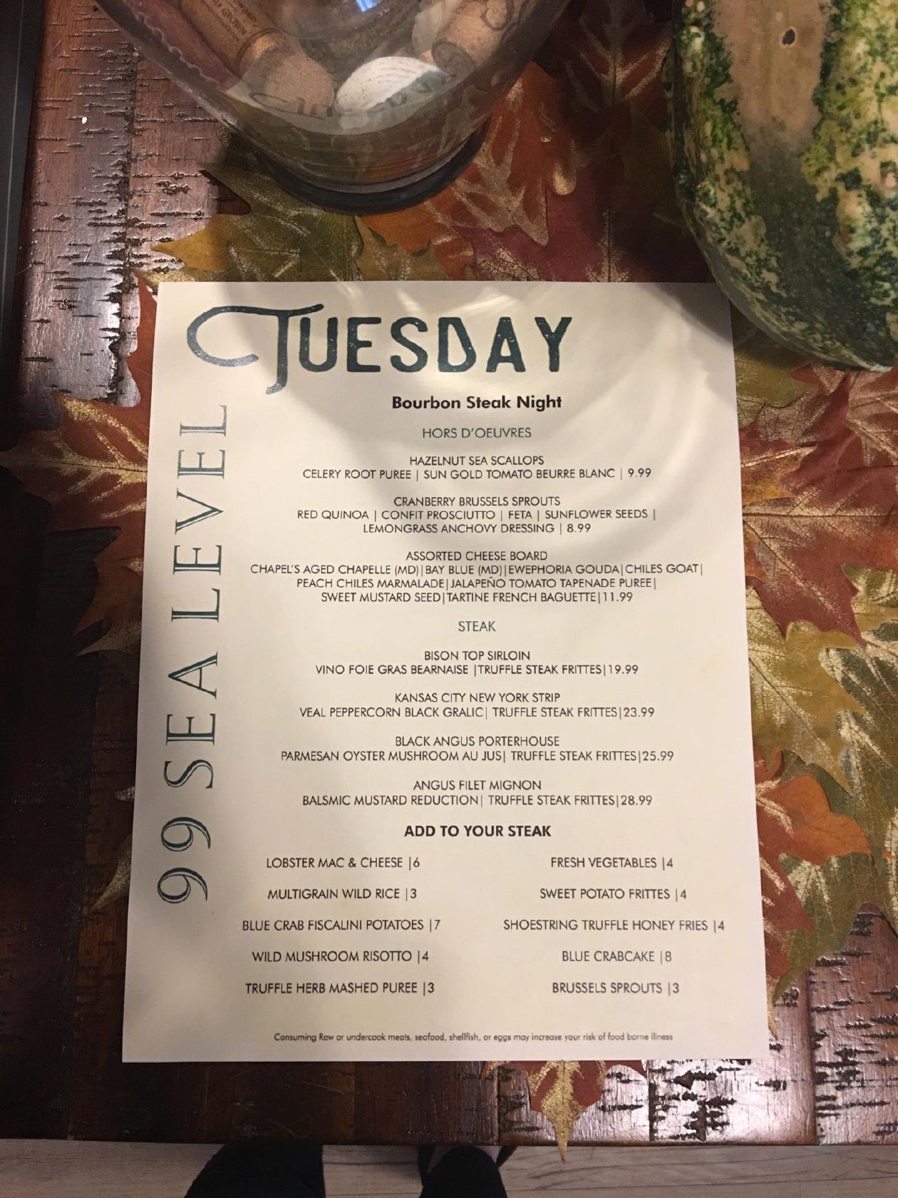 Menu at 99 Sea Level pub & bar, Bethany Beach