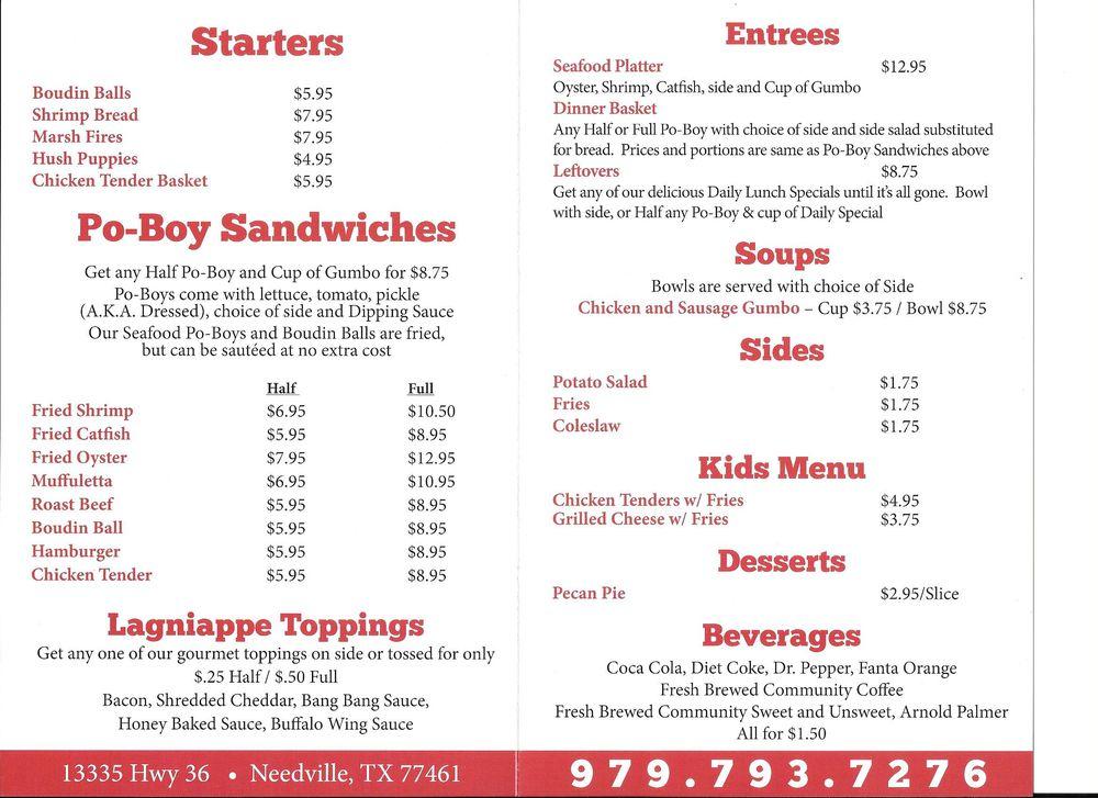 Menu at Bayou Boys PoBoys restaurant, Needville