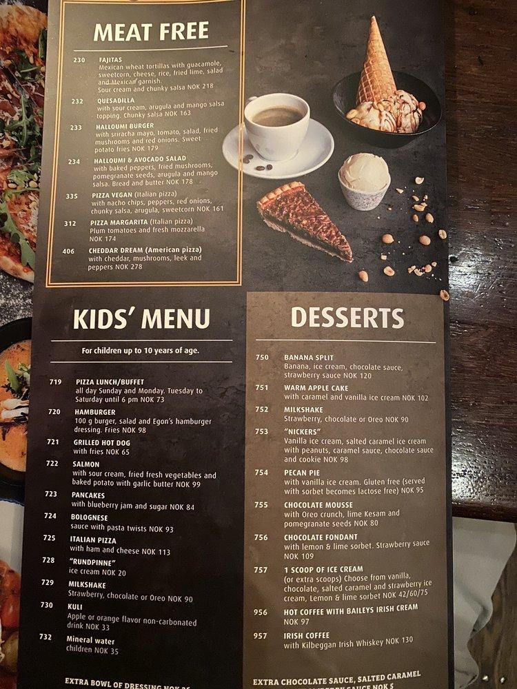 Menu at Egon restaurant, Tromsø, Storgata 50