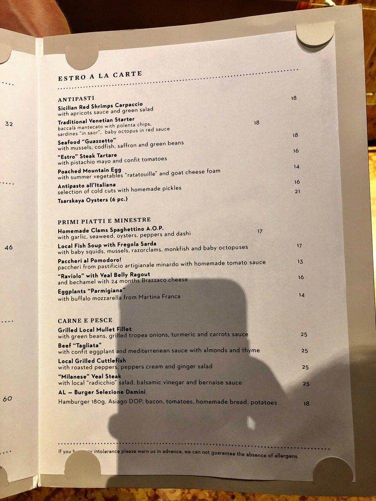 Menu at Estro pub & bar, Venice, Dorsoduro 3778 Crosera
