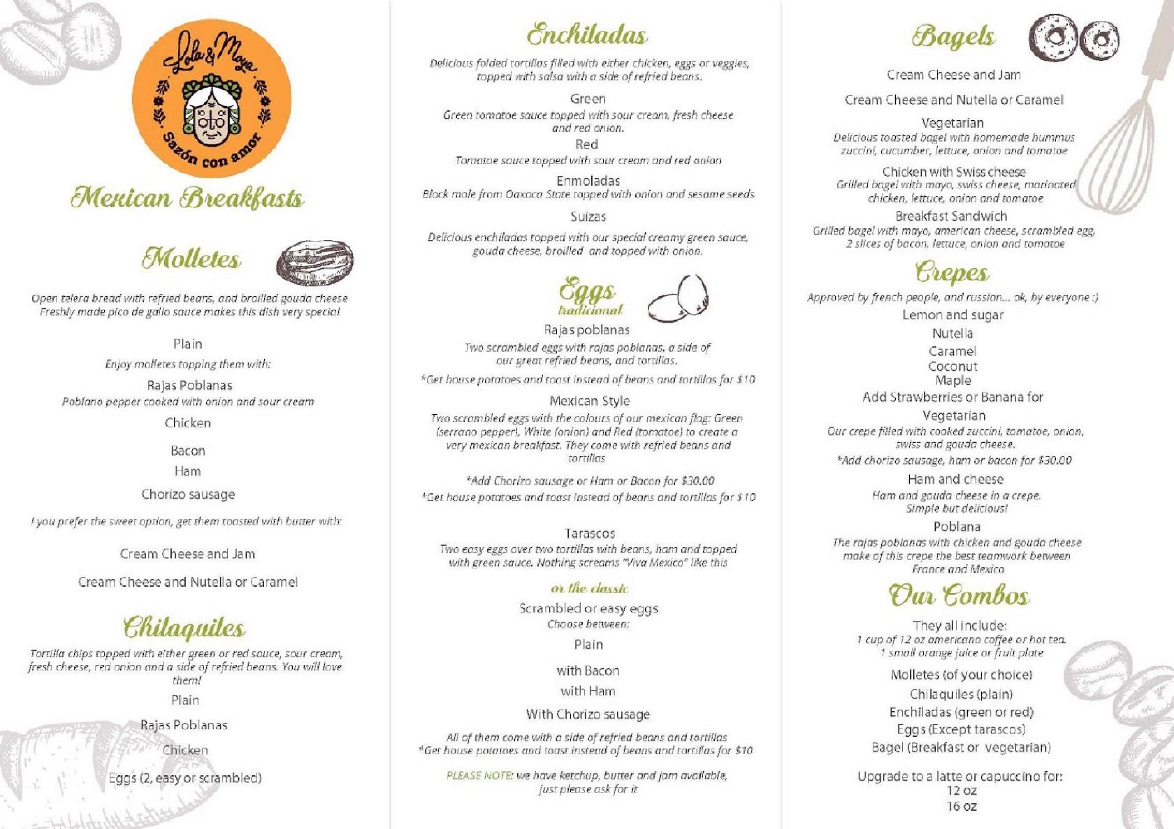 Menu at Lola y Moya cafe, Puerto Morelos, Rafael E. Melgar MZ6 LT5J