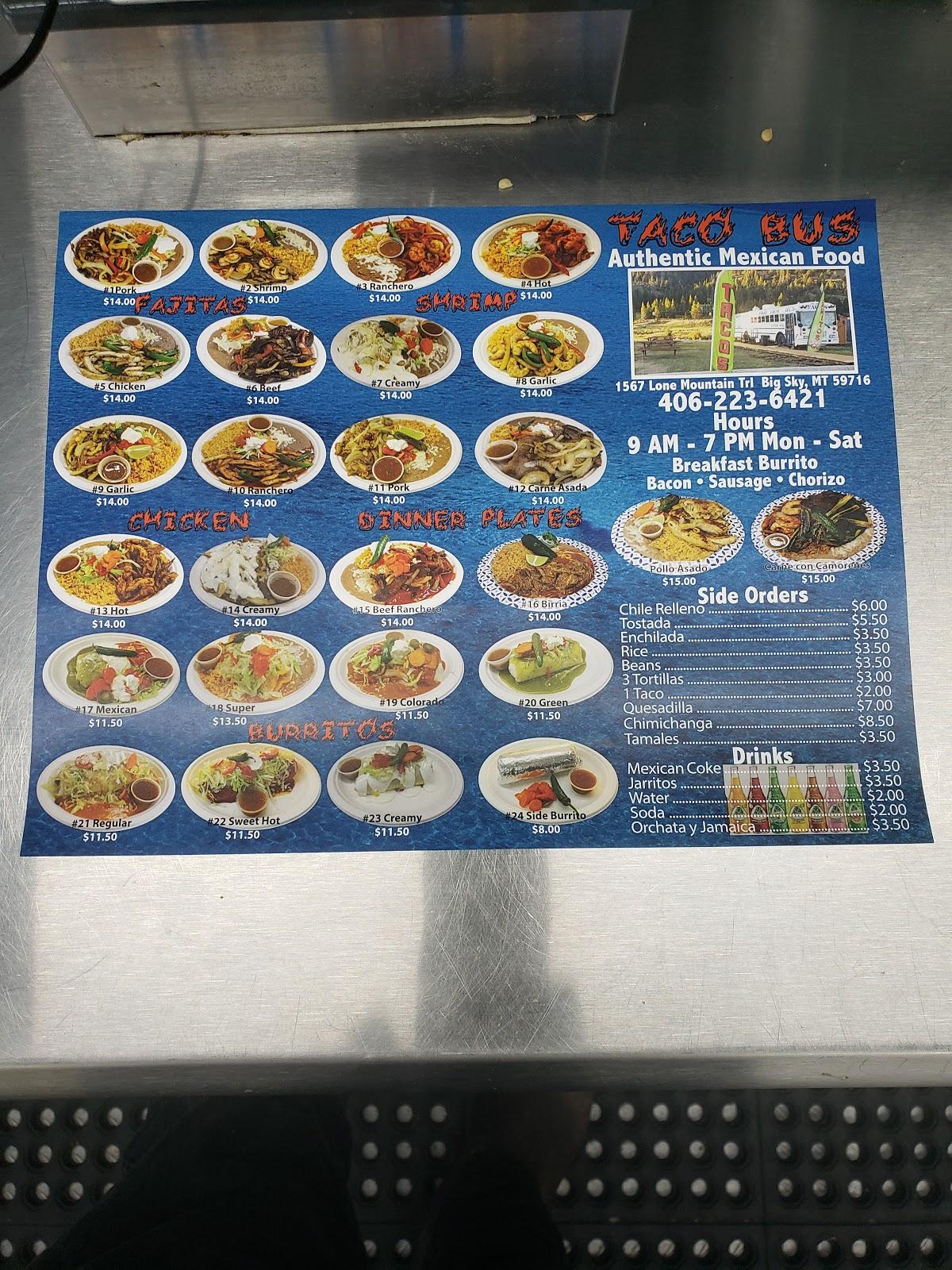 Menu at Mi Pueblito Taco Bus restaurant, Big Sky