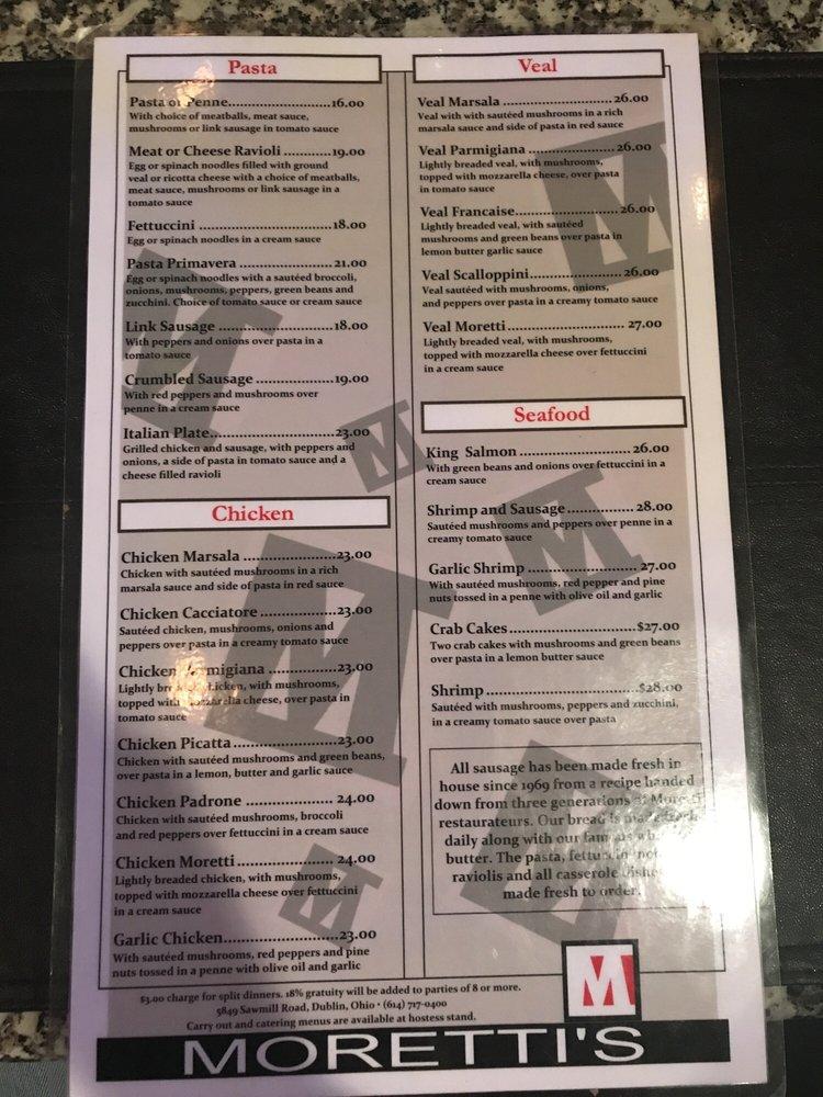 Menu at Moretti's on Dublin restaurant, Dublin