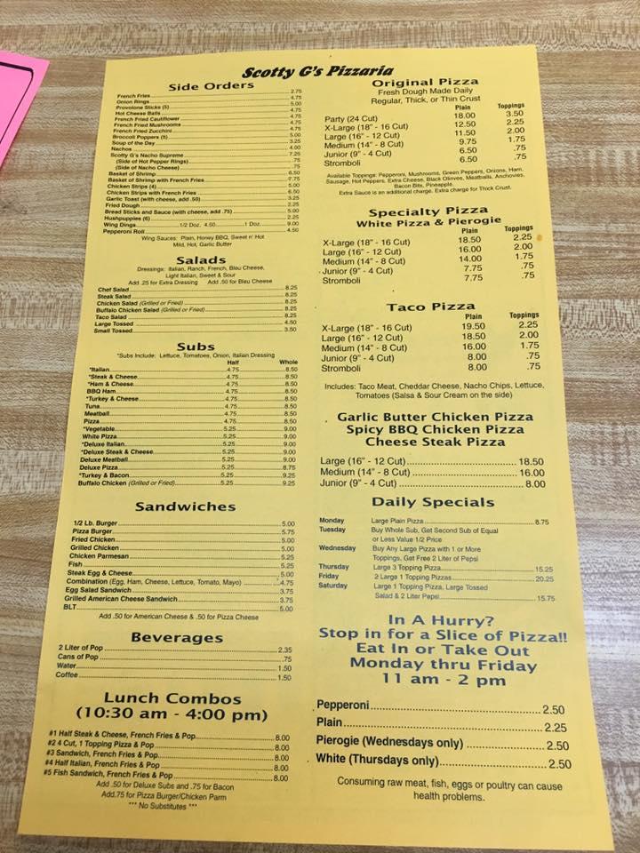 Menu at Scotty G's Pizzeria, Latrobe