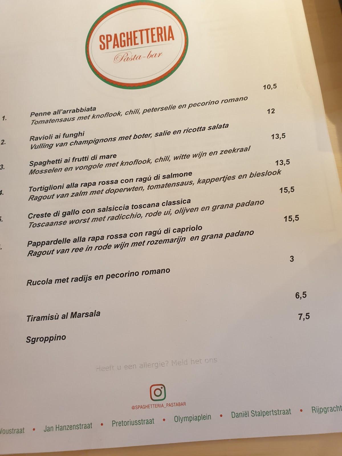 Speisekarte von Spaghetteria, Amsterdam
