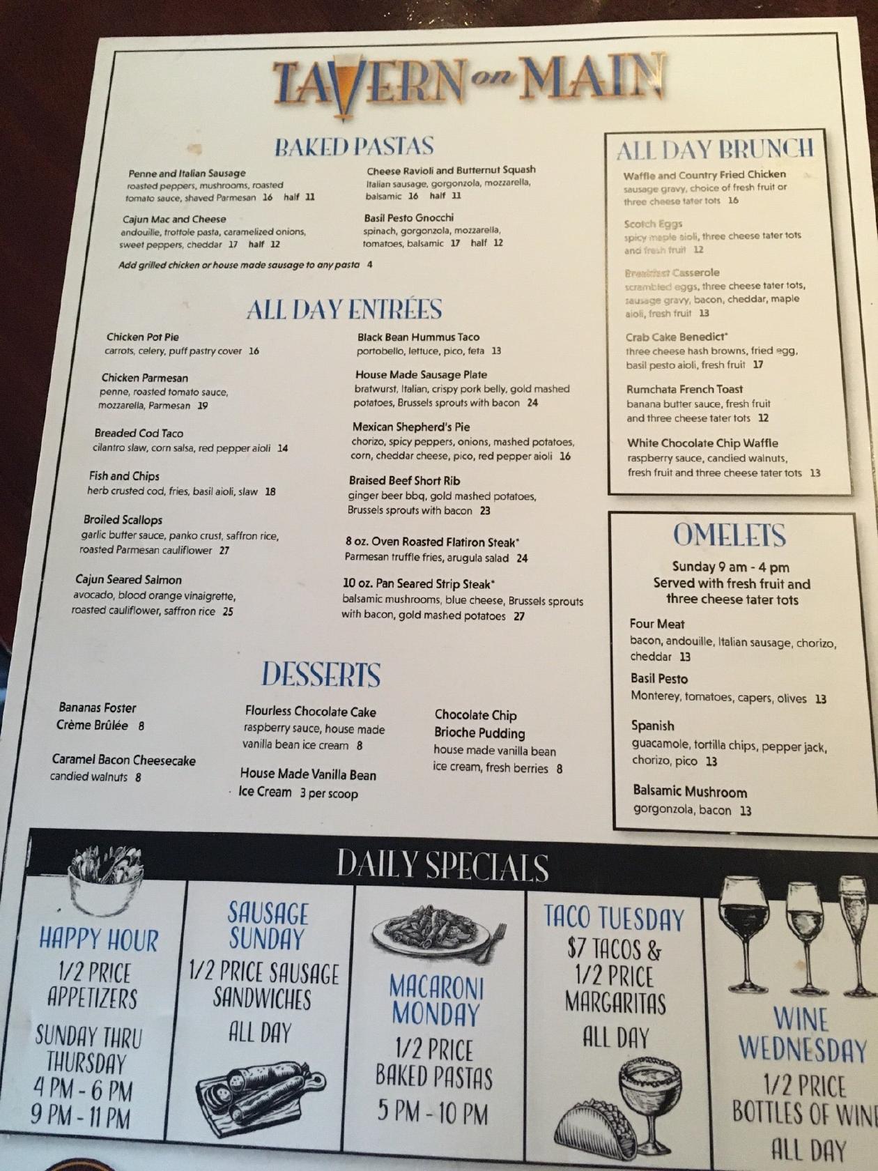 Menu at Tavern on Main pub & bar, South Kingstown